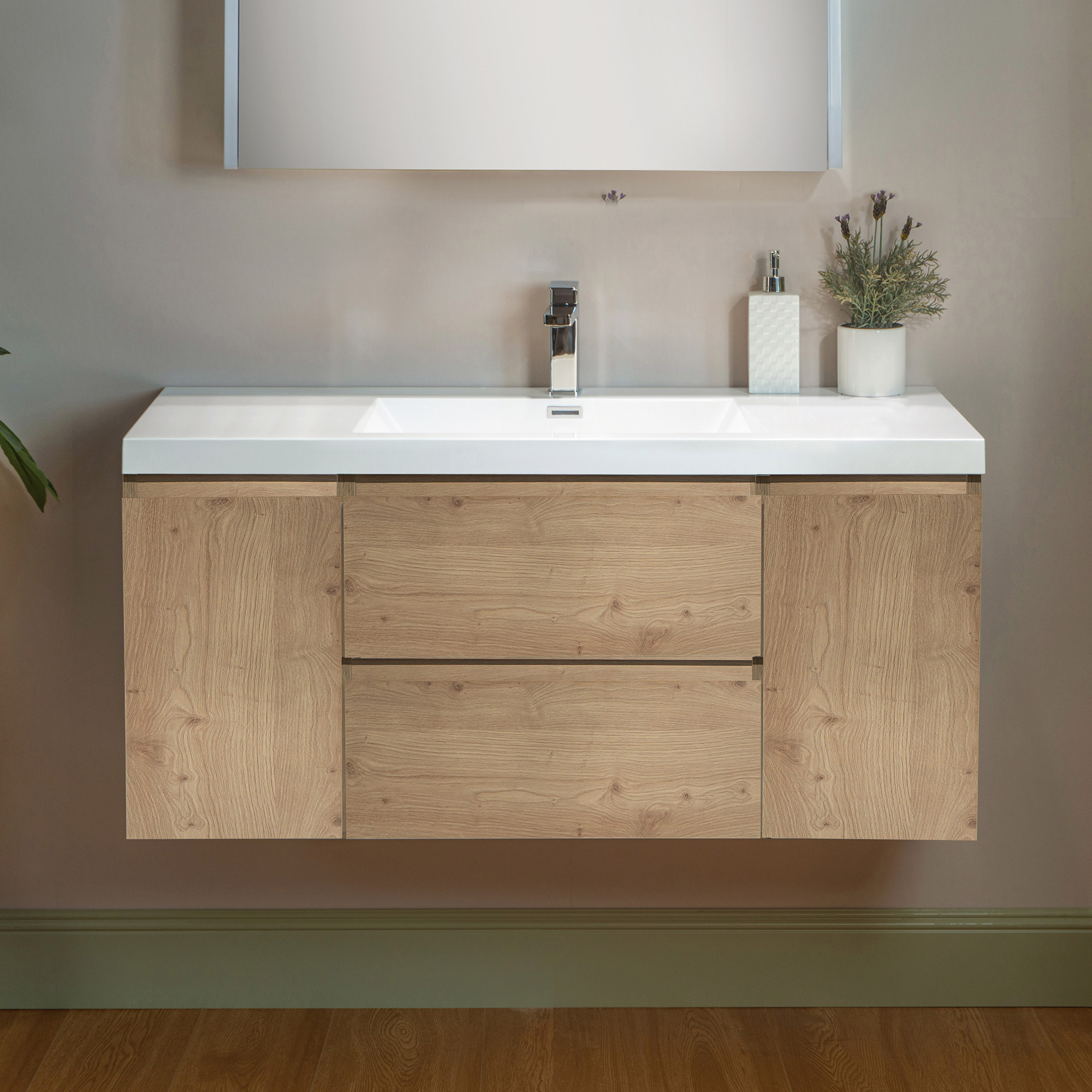 WOODBRIDGE 47 1 4 in. W x 19 5 8 in. D Wall Mounted Floating Vanity in Natural Oak with Resin Composite Vanity Top in Glossy White WOODBRIDGE